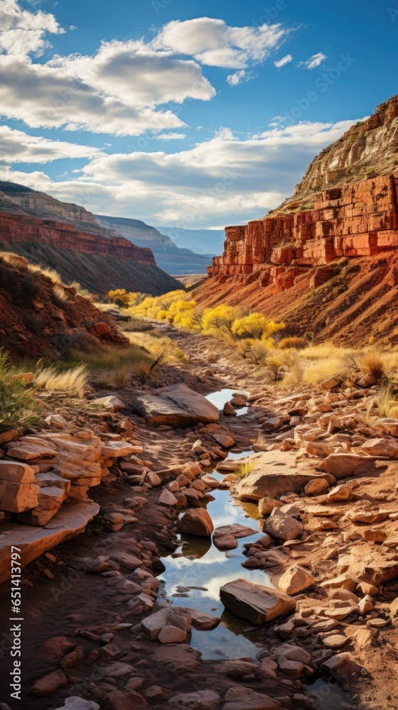 a dry riverbed meandering through a desert canyon with layers of red ...