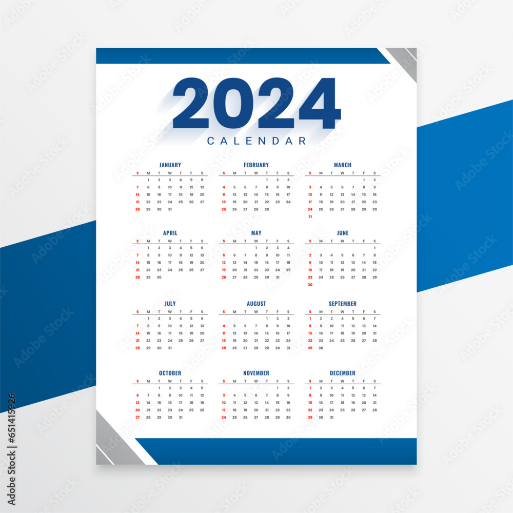 White And Blue 2024 English New Year Calendar Layout A Printable Design