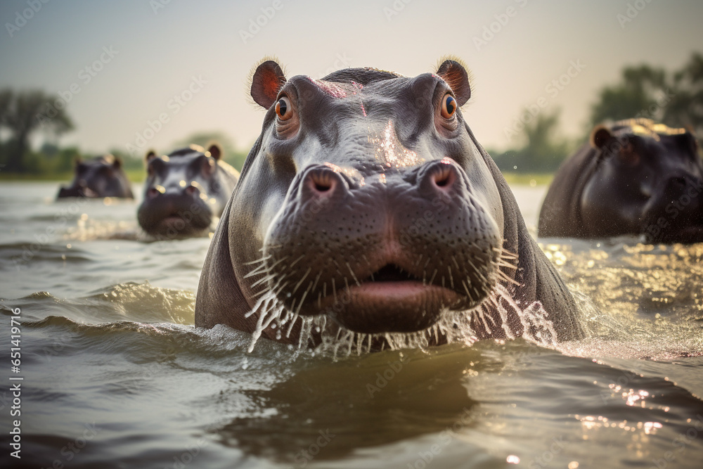 group of hippopotamus lounging in the river in the zoo, hippo in the ...