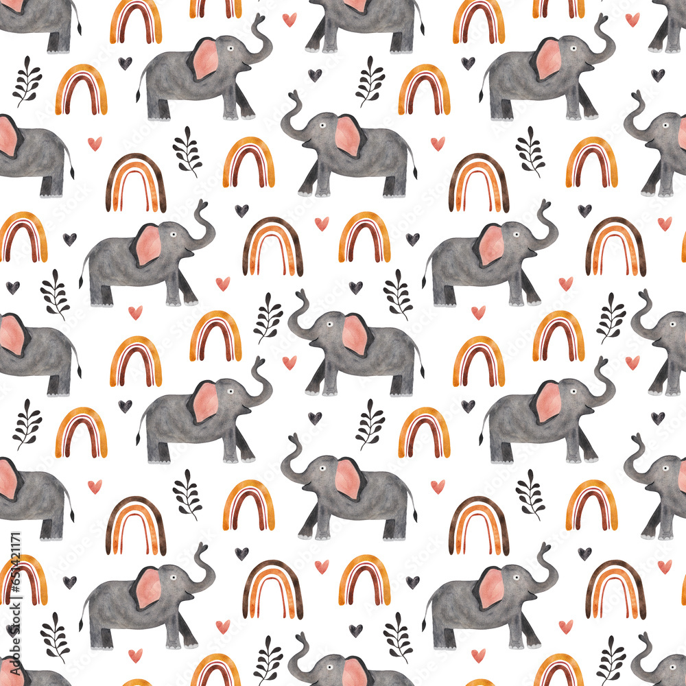 Elephant and rainbow. Seamless pattern. Watercolor illustration in ...