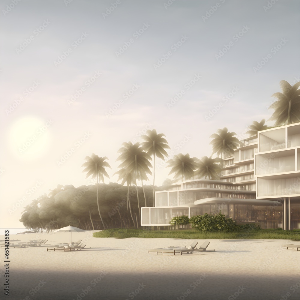 View from sea of architecture beach resort apartments around a bay on a ...