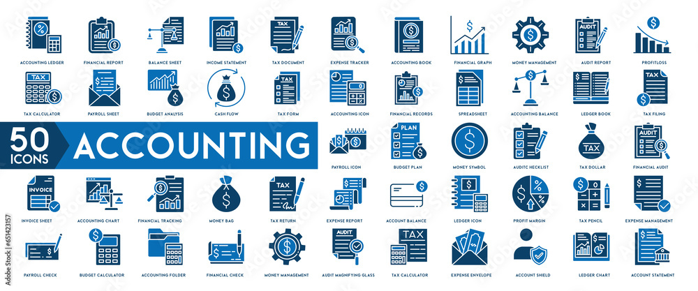 Accounting icon set. Containing financial statement, accountant ...