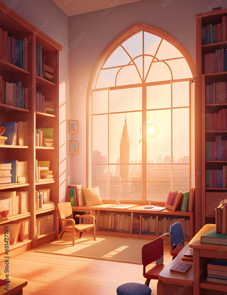 Cartoon castle interior, background with furniture big windows ...