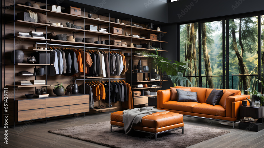 Modern minimalist men walk in wardrobe with clothes hanging on rods ...