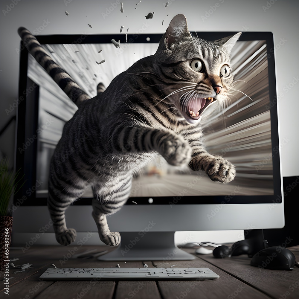 Grey stripy cat jumps in front of a computer screen to interact a work ...