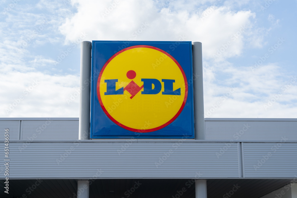 Lidl shop signboard with brand logo sign. German international discount ...