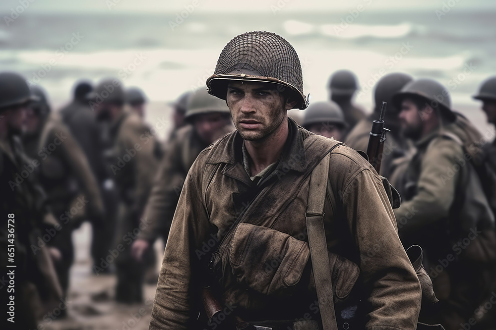 American soldiers on the beach in Normandy. Exhausted and tired soldier ...