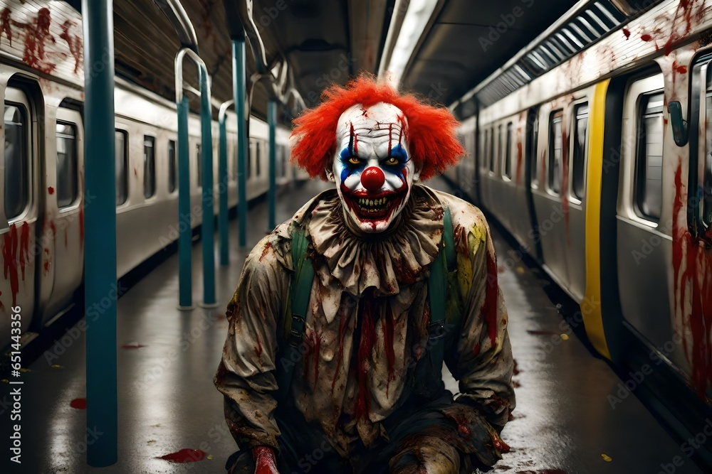 A scary Halloween Zombie clown riding a dirty New York city subway ...
