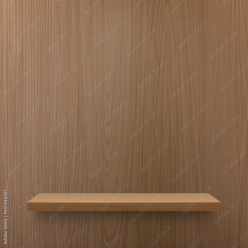 Wood shelf vector mockup. Wooden texture with shelf. Realistic empty ...