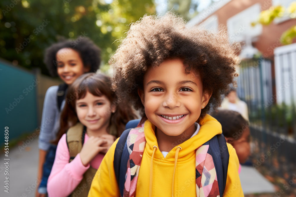 group of elementary children in school yard happily flash thumbs up ...