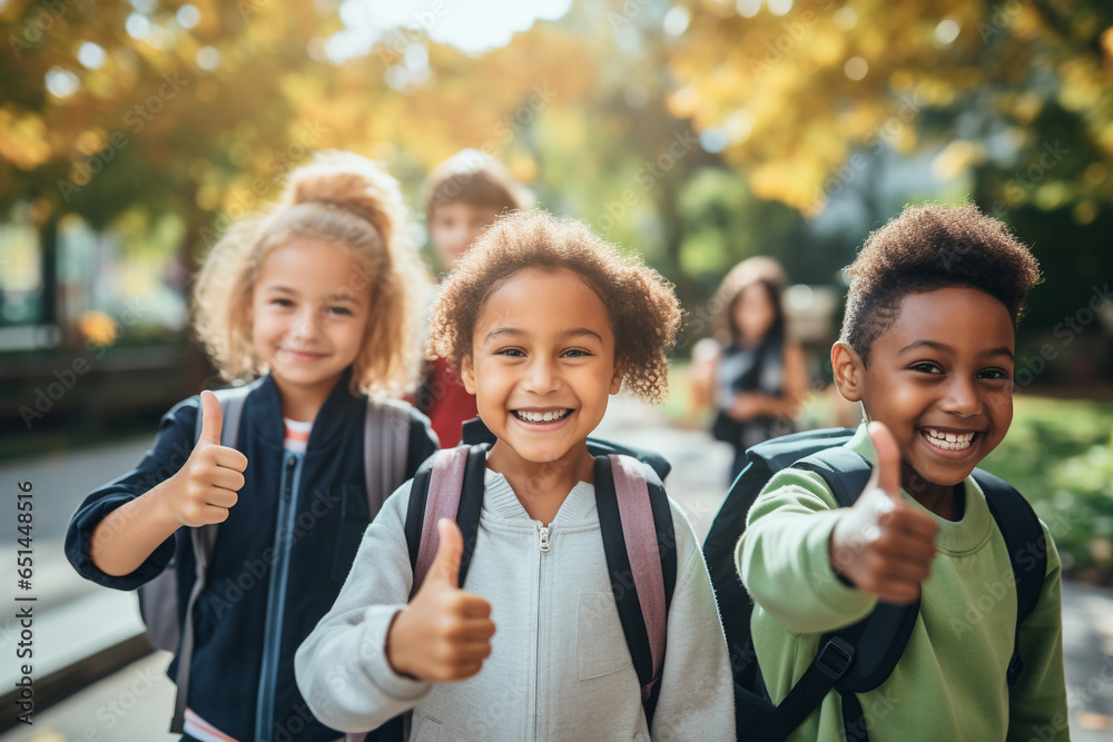 group of elementary children in school yard happily flash thumbs up ...