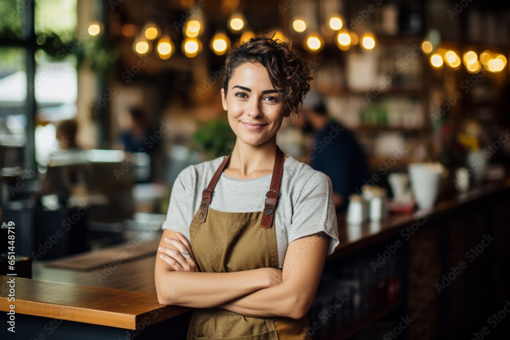 Foto de cozy ambiance of a café, a female barista/waitress stands ...