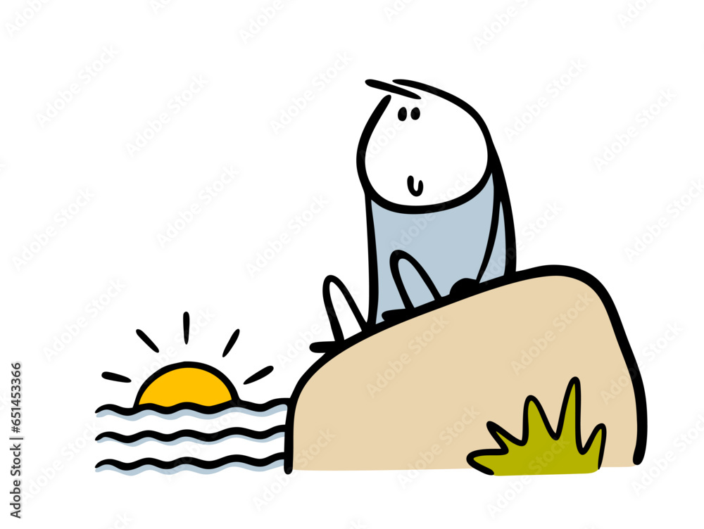 Romantic young stickman sits on large stone on the shore and admires ...