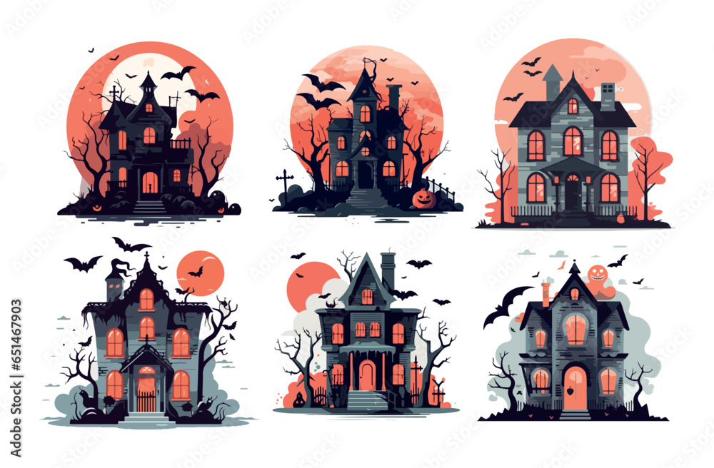 cartoon halloween house with ghost and bat in front Stock Vector | Adobe Stock