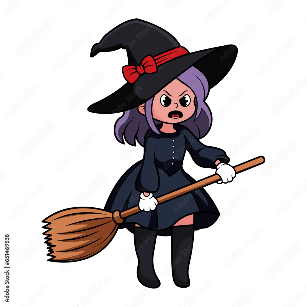 Enchanting Halloween witch cleaning up the spooky mess. Vector ...