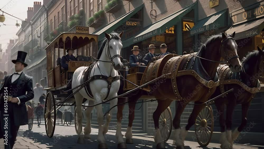 Steampunk cityscape. Victorian era city scene with horse carriage and ...