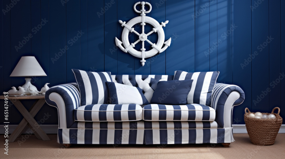 Nautical Charm: A navy blue and white striped sofa and a driftwood ...