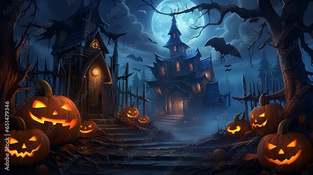 Halloween background with pumpkins and haunted house. Halloween ...