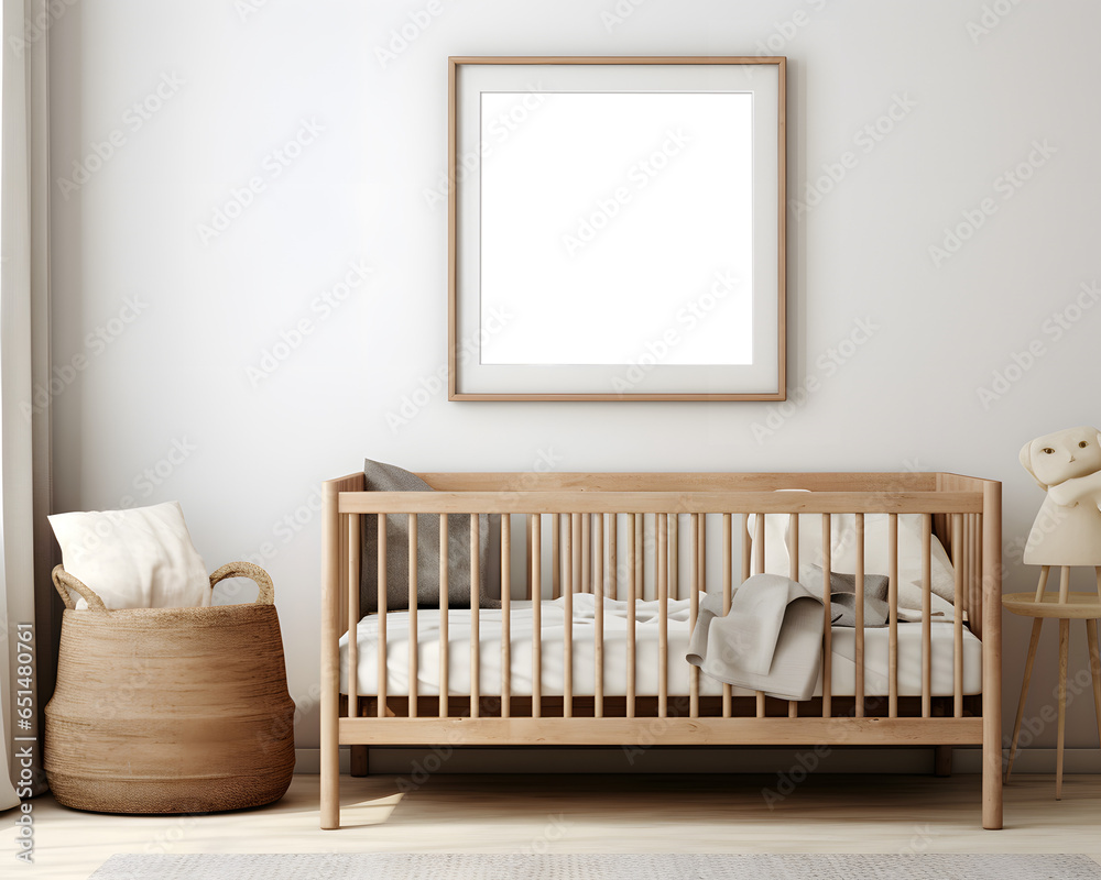Square frame on the light colored wall. Mock up frame in kids room ...