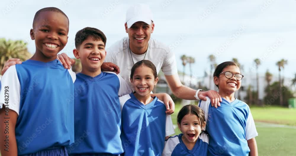 Portrait, team and children with coach for sports with smile and ...