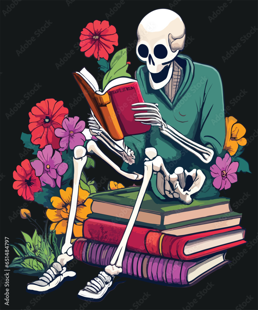 The skeleton read a book, Happy Skeleton, Funny Skeleton Vector ...