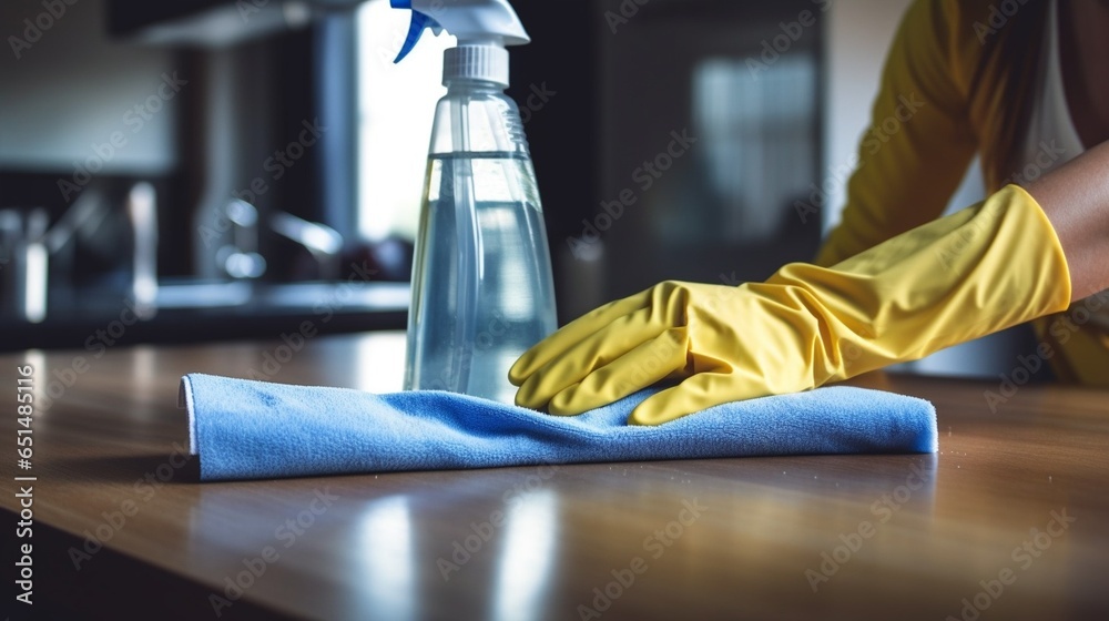 Cleaning home table sanitizing kitchen table surface with disinfectant ...