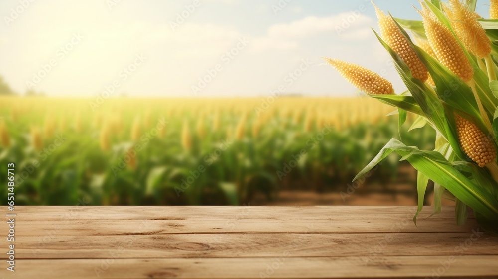 Sweet corn field and wooden table at Agriculture corn. A free space for ...