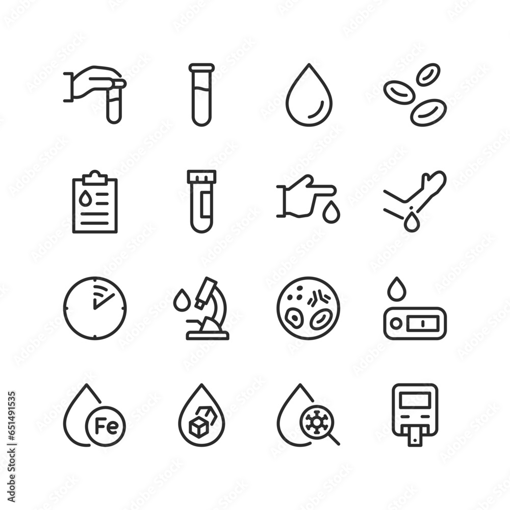 Laboratory Blood Test, linear style icons set. Blood component test ...