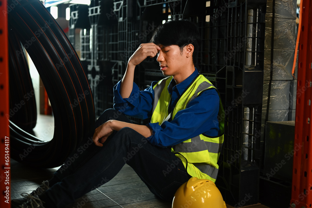 Exhausted male worker sitting alone in warehouse feeling stressed and ...
