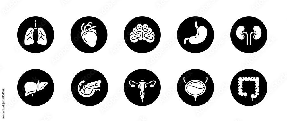 Human internal organ icon set on black circle shape. Lung and heart ...
