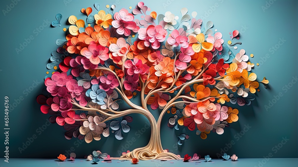3D abstract wallpaper design that features a colorful tree with hanging ...