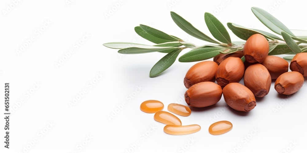 Argan seeds isolated on a white banner background. Argan oil nuts with ...