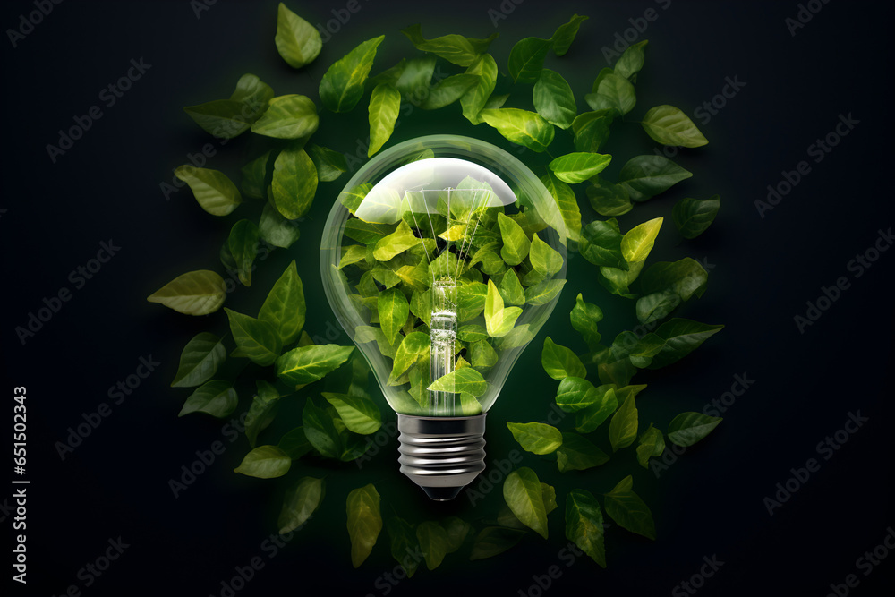 Eco-friendly lightbulb made from fresh leaves, top view. A concept of ...