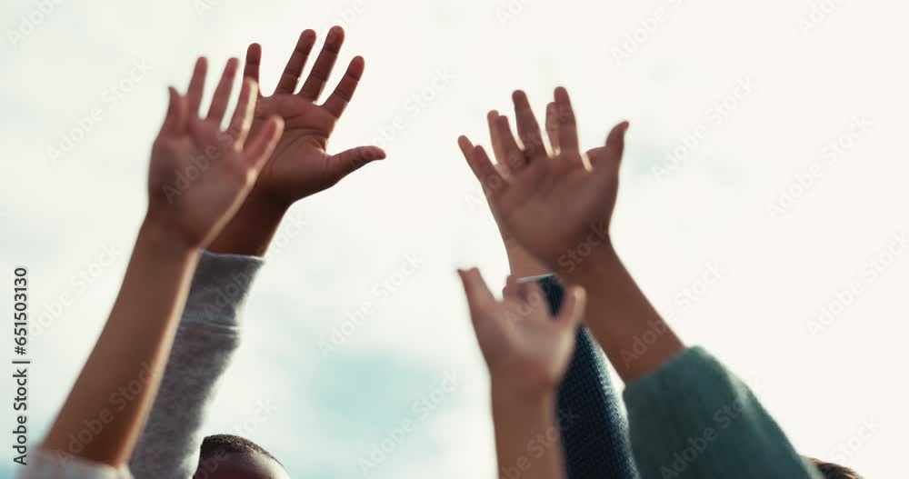 Friends, hands and people reaching on sky background in support of ...