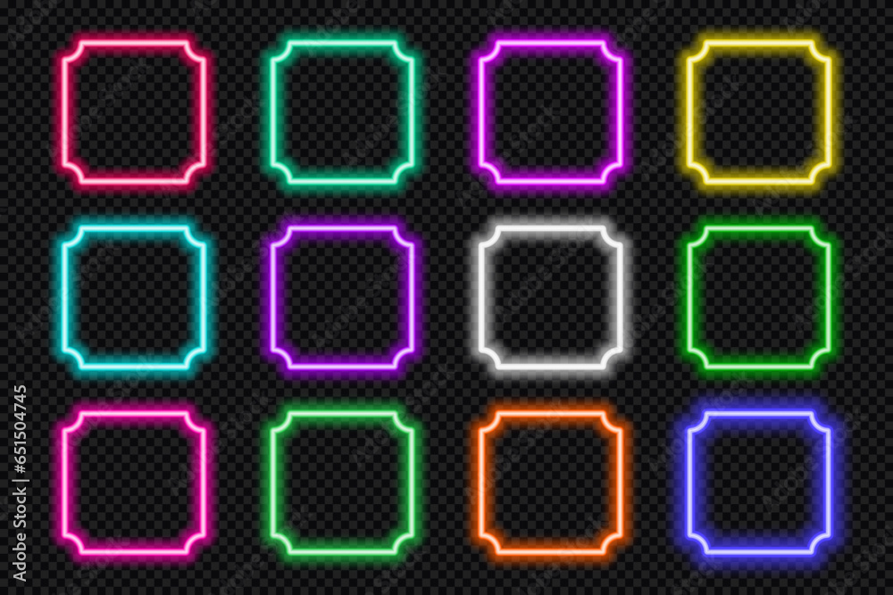 Neon square frame set. Glowing coloful rounded corners border. Vintage ...