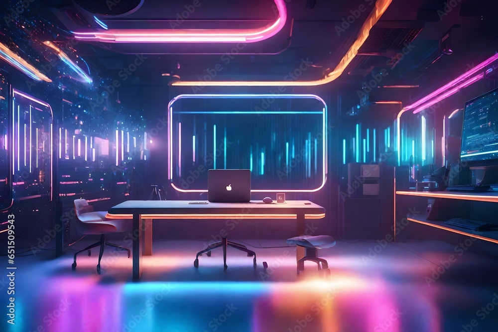 Create a captivating 3D-rendered illustration of a futuristic workspace ...
