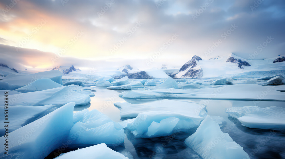 Icy glacier in the remote Arctic / Antartic. Cloudy sky, harsh climate ...