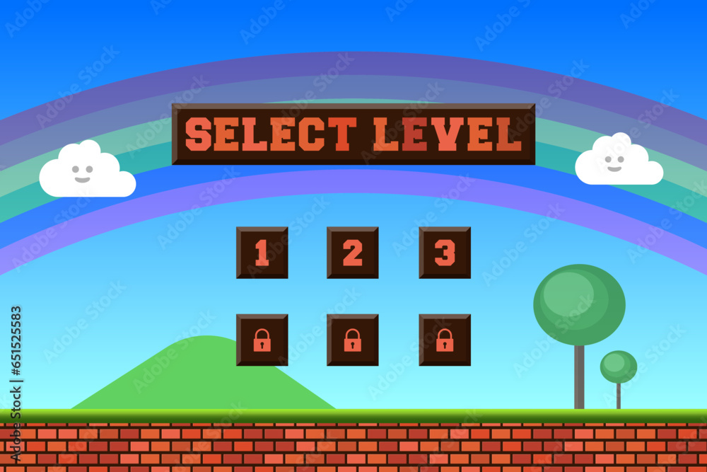 Arcade adventure game level select screen with grass terrain, sky ... Arcade adventure game level select screen with grass terrain, sky ...