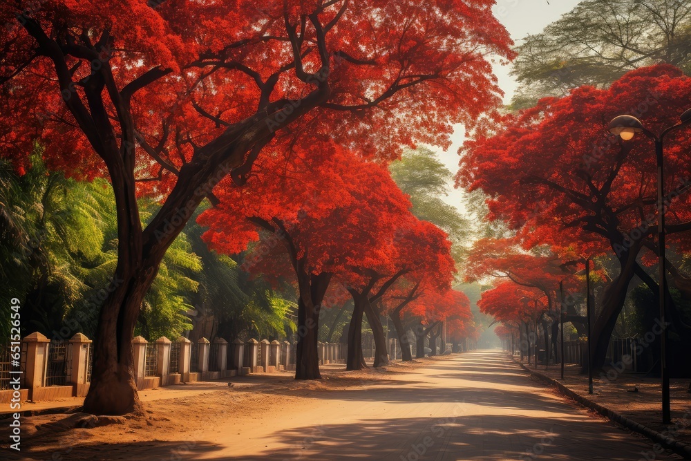 Beautiful red trees in the park with sunlight in the morning, red ...