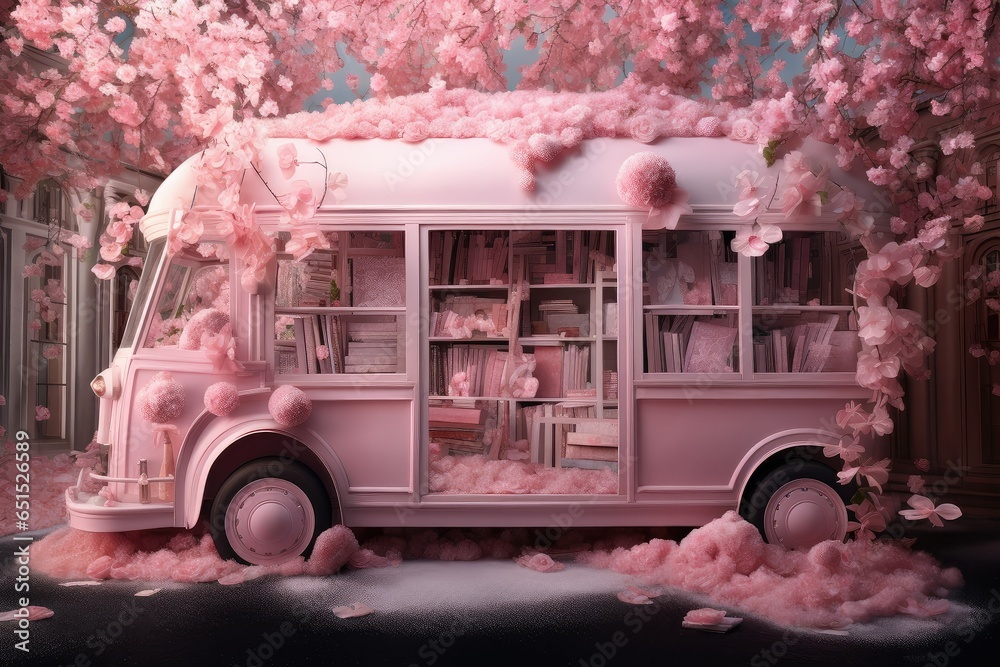 Pink bus with cherry blossoms and books, 3D rendering, enchanting ...