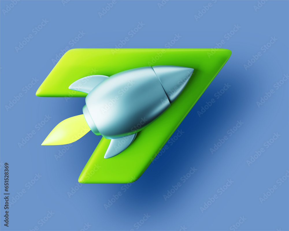 3d illustration of flying green and silver arrow spaceship on color ...