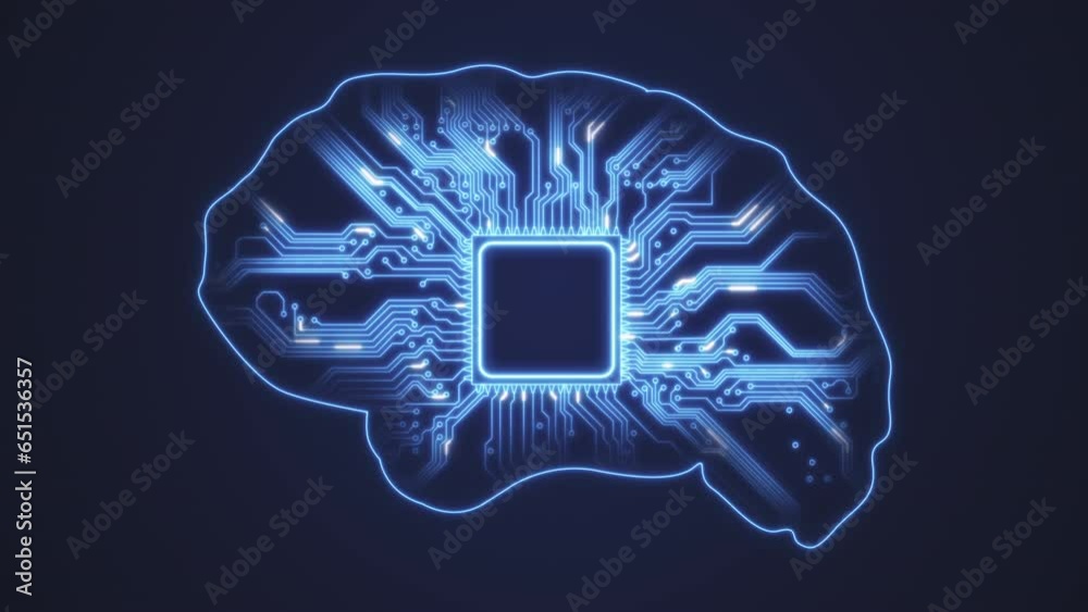 Abstract human brain with an electronic chip inside. Electrical ...