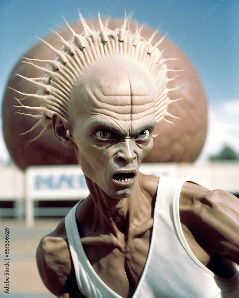 an analog photograph of a alien playing basketball shooting in sports ...