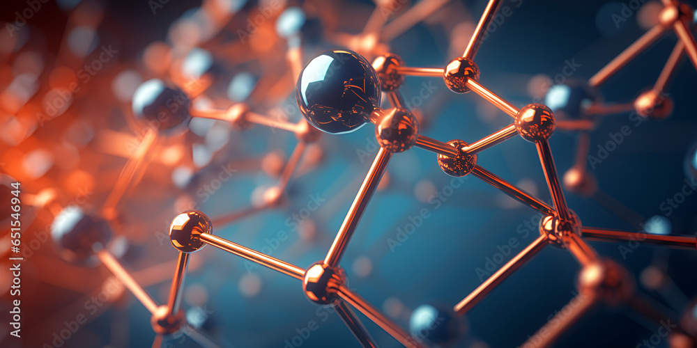 3d illustration of molecule model with pink color bonds and blue color ...
