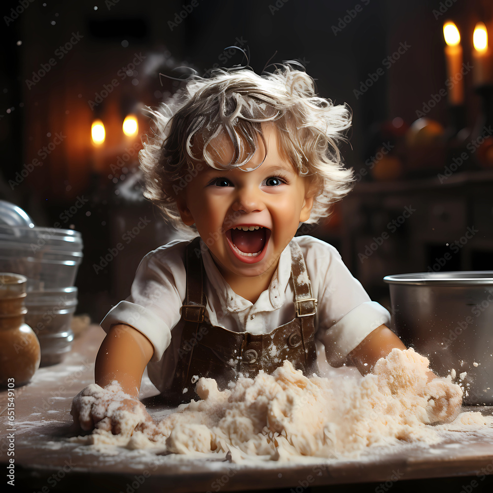 Late evening. Pre-holiday work. Portrait of a little boy in overalls ...