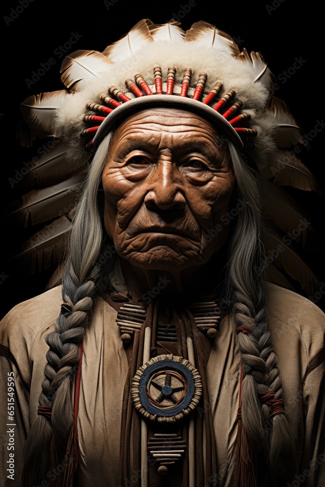 Native American chief wearing traditional clothing and and feathers ...