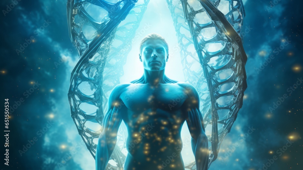 Blue Human DNA Strand Surrounded by DNA Structure, a superhuman in the ...