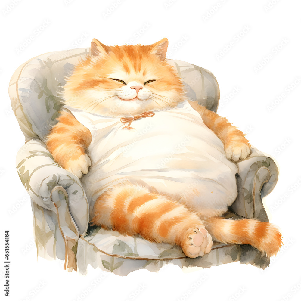 Cute Lazy Cat Watercolor Clipart, Kawaii Cat Sleeping, Fat Cat Illustration, Lazy Animal Stock ...