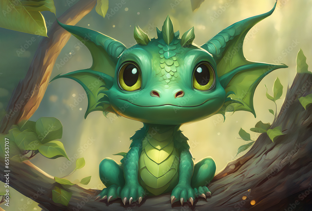 cute green dragon on the tree, symbol of 2024 Stock Photo | Adobe Stock