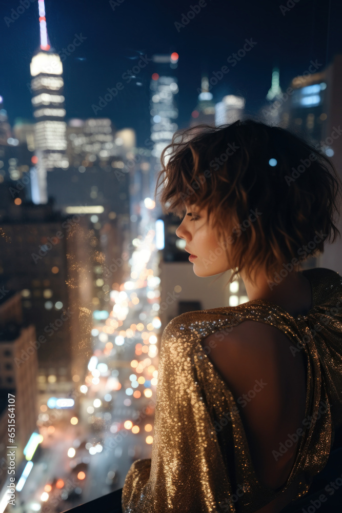woman overlooking a big city with lights and skyscrapers downtown from ...
